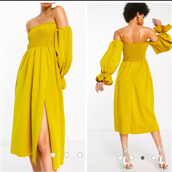 ASOS | Dresses | Nwt Asos Smocked Off Shoulder Dress Midi Chartreuse ...